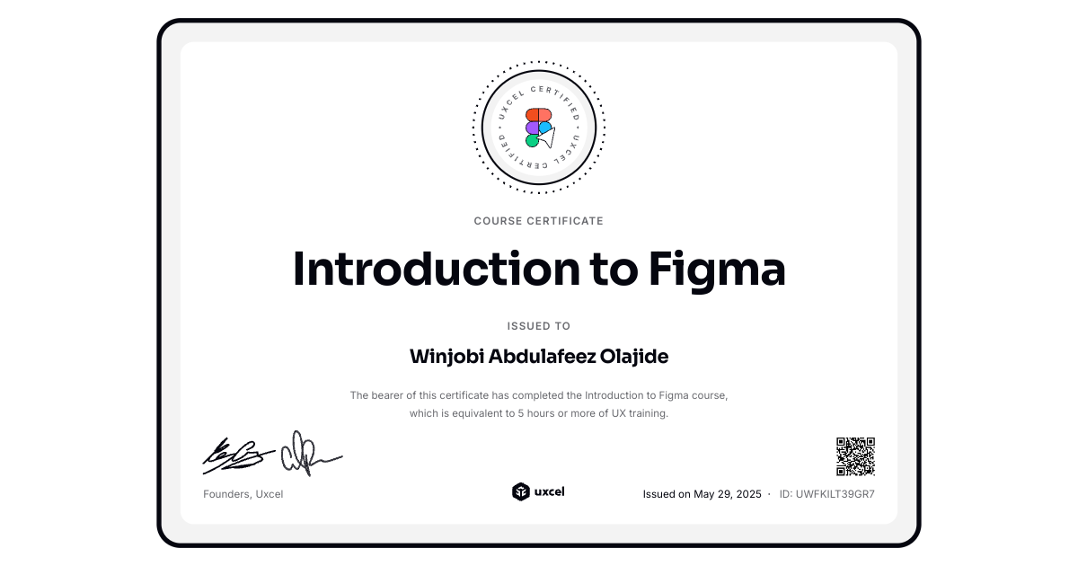 Certificate of completion for Introduction to Figma | Uxcel